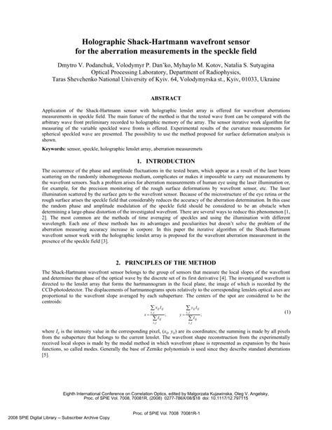 Pdf Holographic Shack Hartmann Wavefront Sensor For Aberration Measurements In The Speckle Field