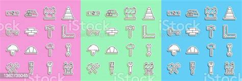 세트 라인 도로 장벽 렌치 스패너 코너 눈금자 벽돌 오래 된 키 건설 버블 레벨과 해머 아이콘 벡터 갈고리 발톱에 대한 스톡 벡터 아트 및 기타 이미지 Istock