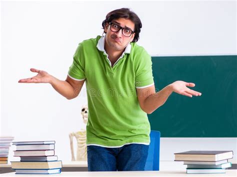 Funny Male Student In The Classroom With Skeleton Stock Image Image