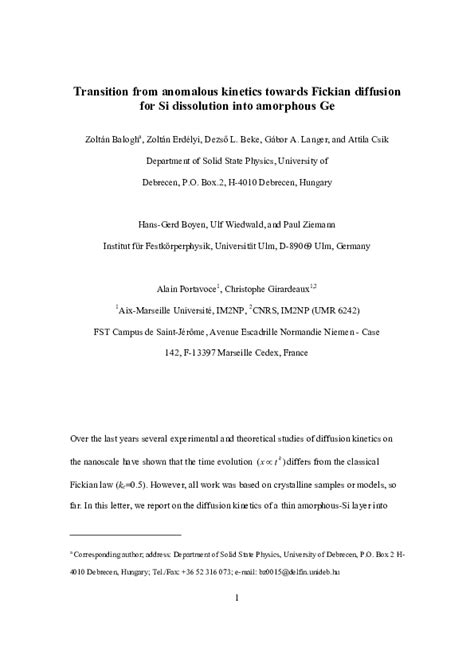 Pdf Transition From Anomalous Kinetics Towards Fickian Diffusion For