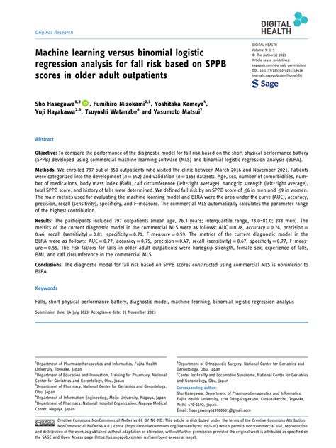 Pdf Machine Learning Versus Binomial Logistic Regression Analysis For Fall Risk Based On Sppb