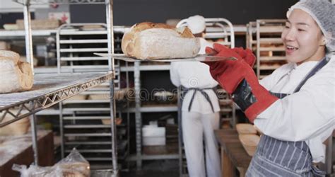 Happy Diverse Bakers Working In Bakery Kitchen Putting Fresh Bread Out