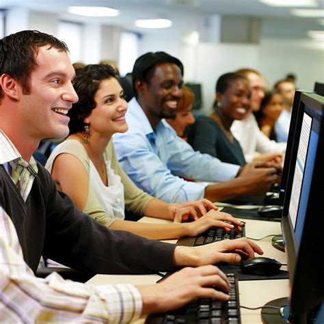 A Group Of People Are Sitting At A Computer With A Computer Monitor
