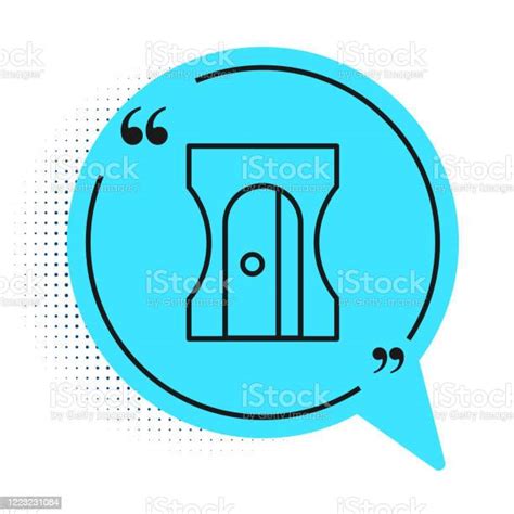 흰색 배경에 격리 된 검은 색 선 연필 깎는 아이콘입니다 파란색 음성 풍선 기호입니다 벡터 일러스트레이션 갈음질에 대한 스톡 벡터 아트 및 기타 이미지 Istock
