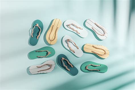 여름 플립 플롭 미적 플랫 레이 최소한의 사각형 패턴 생생한 색상의 해변 신발 평면도 정물 여성 슬라이드 샌들 많은 신발 여름 해변 휴가 개념 야자수 잎 그림자 0명에 대한