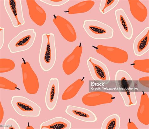 분홍색 배경에 빨간색 파파야와 흰색 파파야 배경 요소의 절반의 매끄러운 패턴 0명에 대한 스톡 벡터 아트 및 기타 이미지 0명 건강한 식생활 과일 Istock