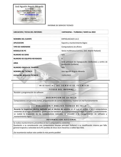 135801140 Formato Informe Servicio Tecnico Informe De Servicio