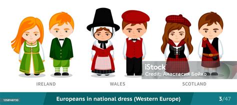 아일랜드 웨일즈 스코틀랜드 전국 드레스를 입은 남성과 여성 민족 전통 의상을 입고 유럽 인의 집합 관광에 대한 스톡 벡터 아트 및 기타 이미지 Istock