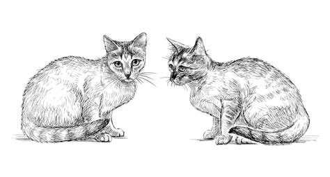 Hand Drawings Of Two Sitting Domestic Cats Realistic Sketches Vector
