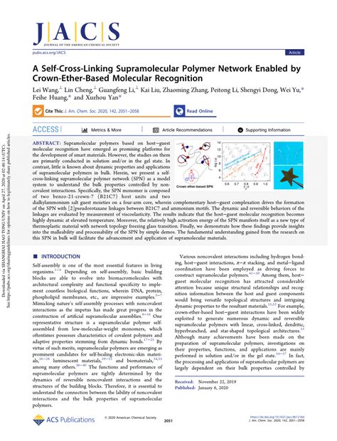 Pdf A Self Cross Linking Supramolecular Polymer Network Enabled By Crown Ether Based Molecular