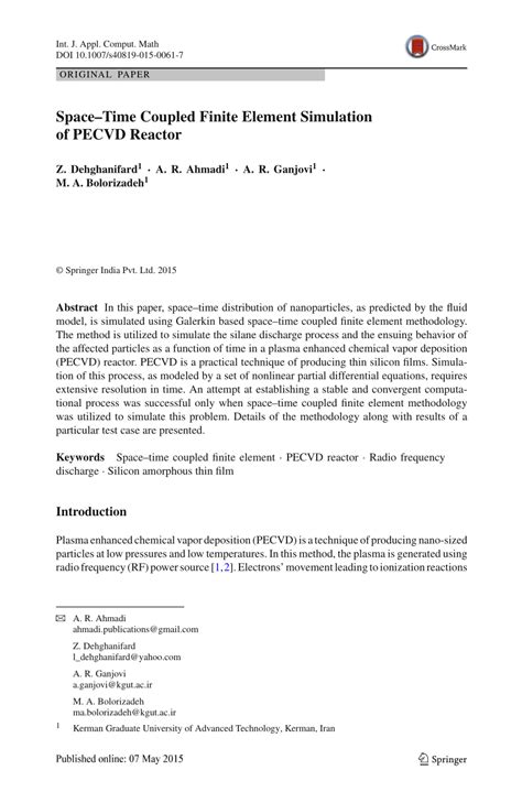 Pdf Spacetime Coupled Finite Element Simulation Of Pecvd Reactor