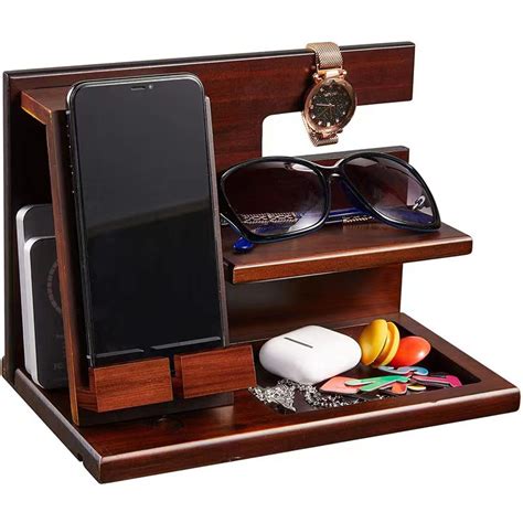 Multifunctional Mobile Phone Docking Station Wooden Key Base Glasses Storage Desktop Display