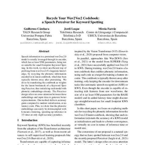 Recycle Your Wav2Vec2 Codebook A Speech Perceiver For Keyword Spotting ACL Anthology