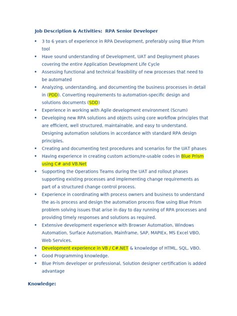 Rpa Developer Job Description Pdf C Sharp Programming Language Automation