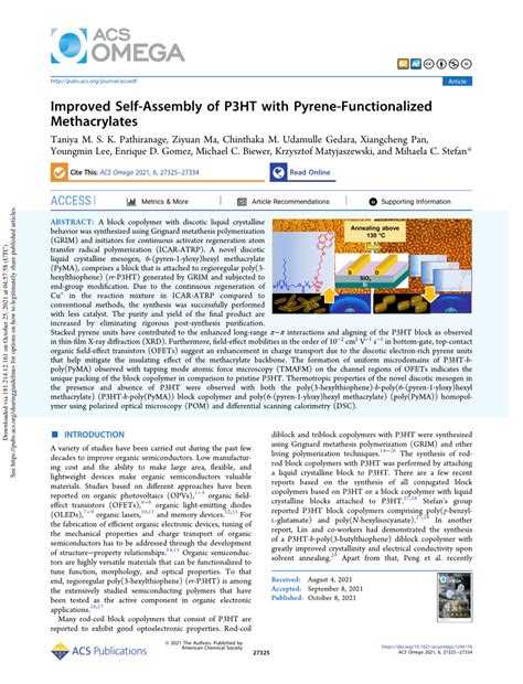Pdf Improved Self Assembly Of P3ht With Pyrene Functionalized