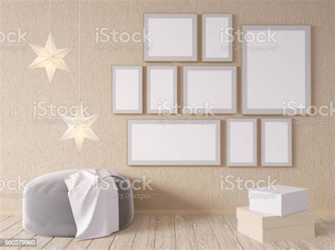 거실 인테리어 벽 회색 패브릭 소파 베개 흰색 배경 3d 렌더링 3d 그림에 크리스마스 스타와를 모의 0명에 대한 스톡 사진 및