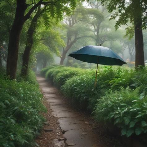 A Path With An Umbrella And A Path In The Woods Premium AI Generated