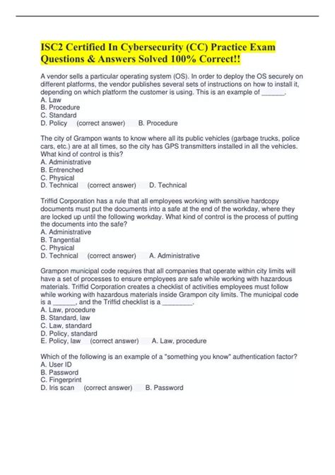 Isc2 Certified In Cybersecurity Cc Practice Exam Questions And Answers Solved 100 Correct