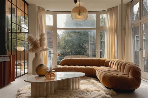Living Room With Large Windows And A Brown Tufted Sofa In The Style Of Soft And Rounded Forms