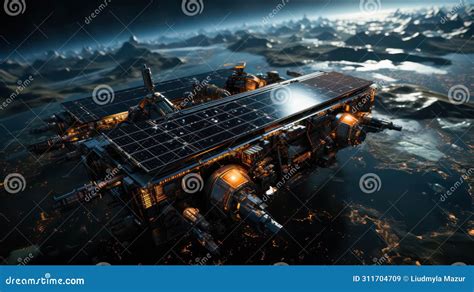A Space Satellite Orbits Earth Capturing Data And Transmitting