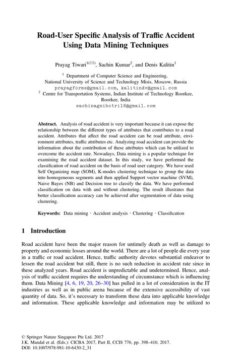 PDF Road User Specific Analysis Of Traffic Accident Using Data Mining Techniques