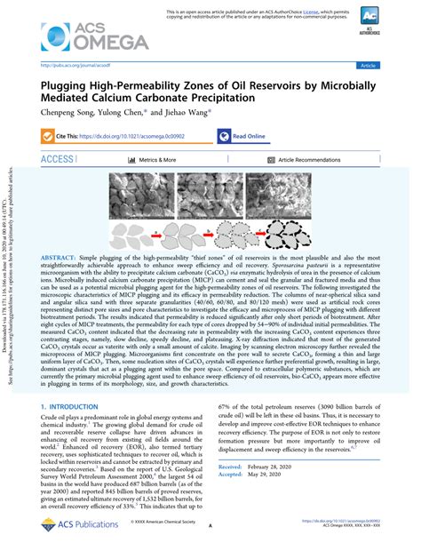 Pdf Plugging High Permeability Zones Of Oil Reservoirs By Microbially Mediated Calcium