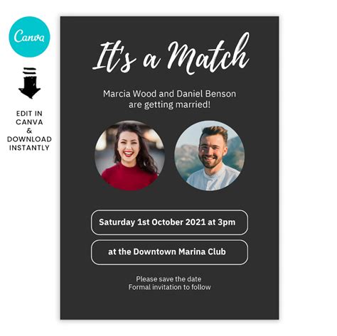 Tinder Matched Card Invitation Save The Date Wedding Canva Template Printable Pdf Download