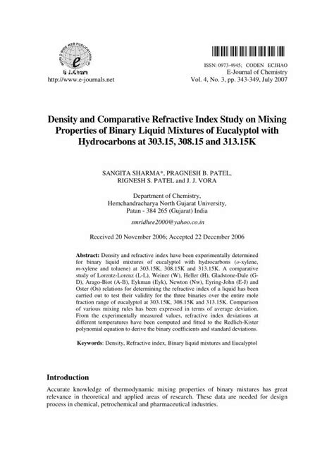 PDF Density And Comparative Refractive Index Study On Mixing Downloads Hindawi Com Journals