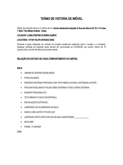 Modelo De Termo De Vistoria De Imovel Para Locacao Pdf