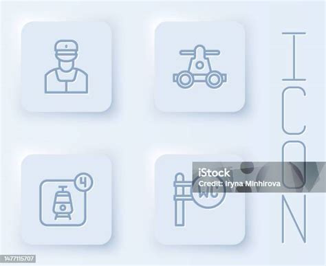 세트 라인 기차 지휘자 핸드카 운송 온라인 티켓 예약 및 화장실 흰색 사각형 버튼 벡터 개념에 대한 스톡 벡터 아트 및 기타 이미지 Istock