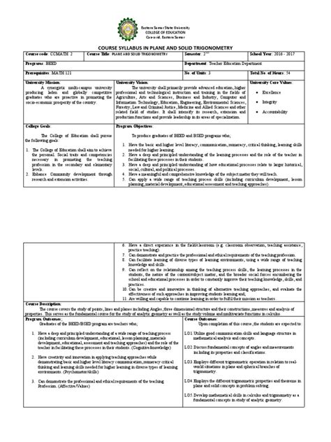 Syllabus In Trigonometry Pdf Teaching Method Trigonometric Functions