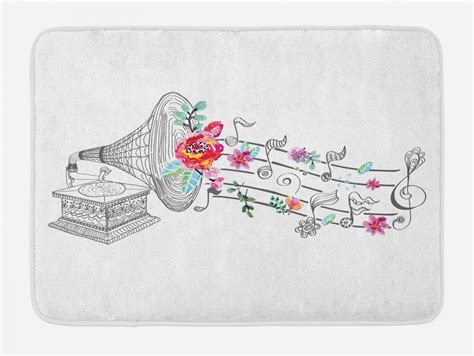 Music Bath Mat Vintage Style Gramophone Record Player With Floral