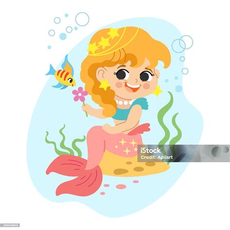 Putri Duyung Ekor Merah Muda Kartun Lucu Dengan Ilustrasi Vektor Ikan