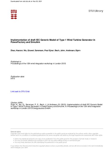 Pdf Implementation Of Draft Iec Generic Model Of Type 1 Wind Turbine Generator In Powerfactory