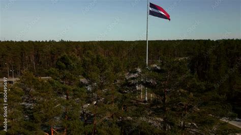 Revealing of national Latvian flag behind trees with highway in ...