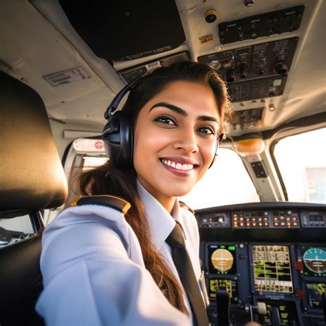 Premium Photo Young Beautiful Female Pilot Sitting In Airplane