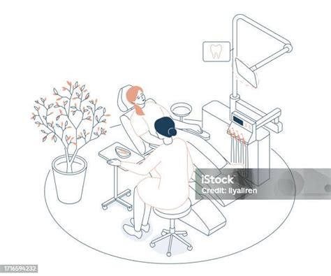 치과 의사에서의 약속 현대 라인 디자인 스타일 아이소 메트릭 일러스트레이션 등측투영법에 대한 스톡 벡터 아트 및 기타 이미지 등측투영법 치과 의사 일러스트레이션