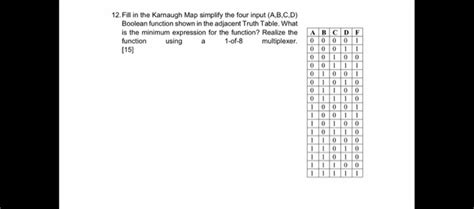 Solved 12 Fill In The Karnaugh Map Simplify The Four Input