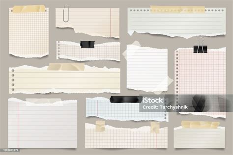 컬러 찢어진 안감 종이 스트립 컬렉션 찢어진 가장자리와 접착제 테이프로 사실적인 종이 스크랩 스티커 노트 노트북 페이지의 조각 벡터 일러스트레이션 0명에 대한 스톡 벡터