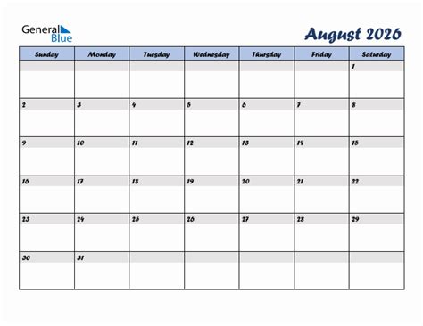 August 2026 Monthly Calendar Pdf Word Excel