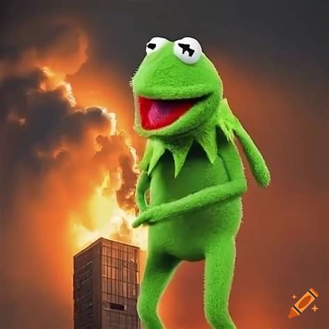 Kermit the frog meme jumping off a building on Craiyon