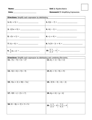Fillable Online Name Unit Algebra Basics Date Homework Simplifying Express Fax Email