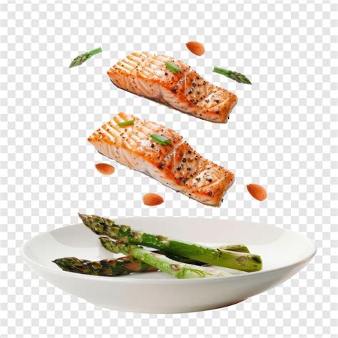 Floated Grilled Salmon And Asparagus Falling Into A Plate Isolate F Premium Ai Generated Psd