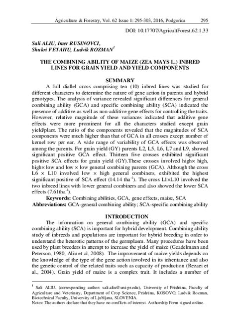 Pdf The Combining Ability Of Maize Zea Mays L Inbred Lines For Grain Yield And Yield Components