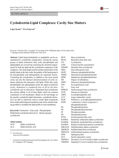 Cyclodextrin Lipid Complexes Cavity Size Matters Request Pdf