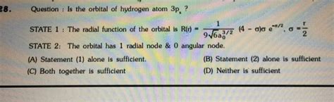 Question Is The Orbital Of Hydrogen Atom 3p 1 A 2 State 1 The