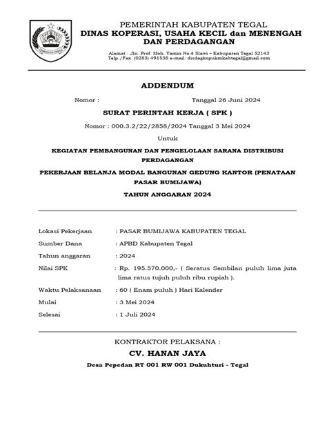 Addendum Spk Dan Perpanjangan Waktu Pasar Bumijawa Pdf