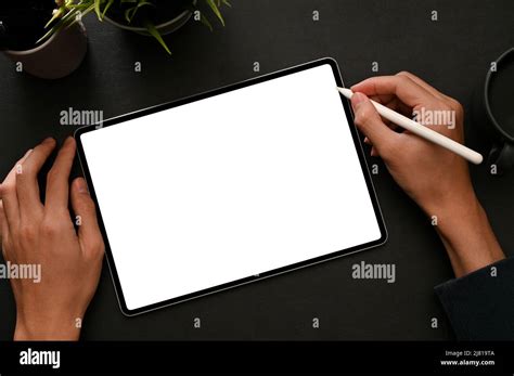 Above View Male Graphic Designer Using Digital Tablet Touchpad With A