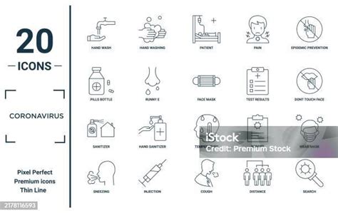 코로나 바이러스 선형 아이콘 세트입니다 얇은 선 손 씻기 알약 병 소독제 재채기 검색 안면 마스크 보고서 용 마스크 아이콘 프리젠 테이션 다이어그램 웹 디자인을 포함합니다