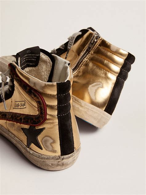 Slide Sneakers In Gold Leather With Black Leather Star And Insert